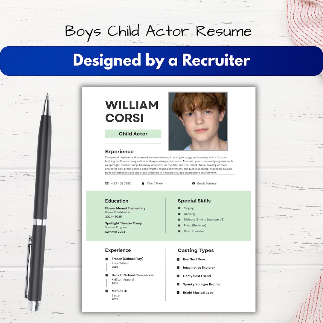 Child Actor Resume Template for Boys | Editable Canva Acting Resume ...