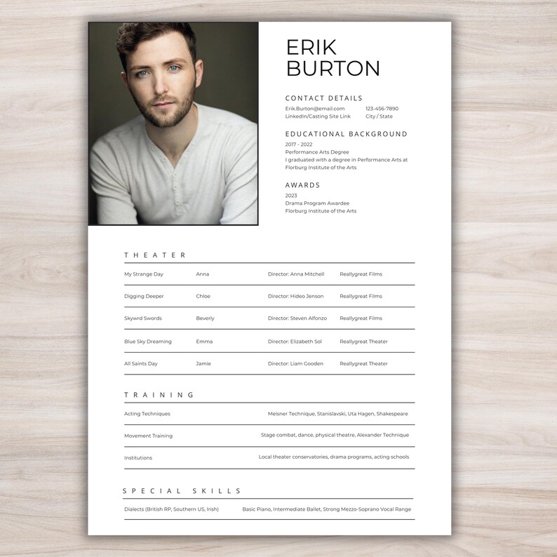 Stage Actor Resume Template for Canva | Editable Theatre Resume | One ...