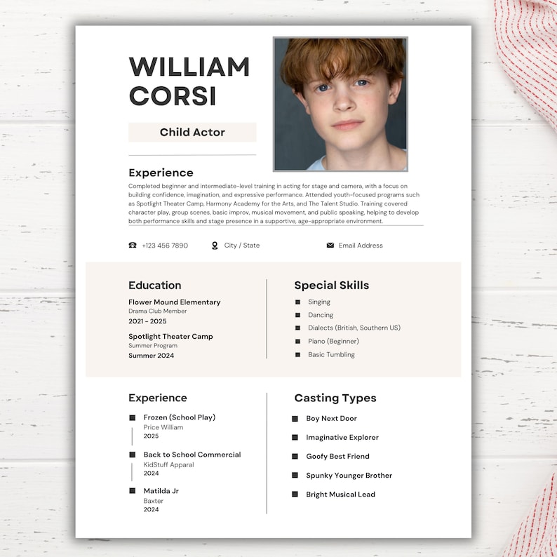 Child Actor Resume Template for Boys | Editable Canva Acting Resume ...
