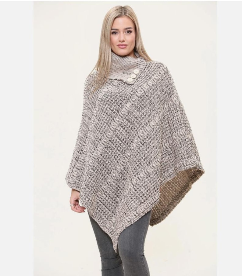 Ladies Cable Knit 3 Button Poncho Soft Knitted Cape Shawl Wrap Jumper ...
