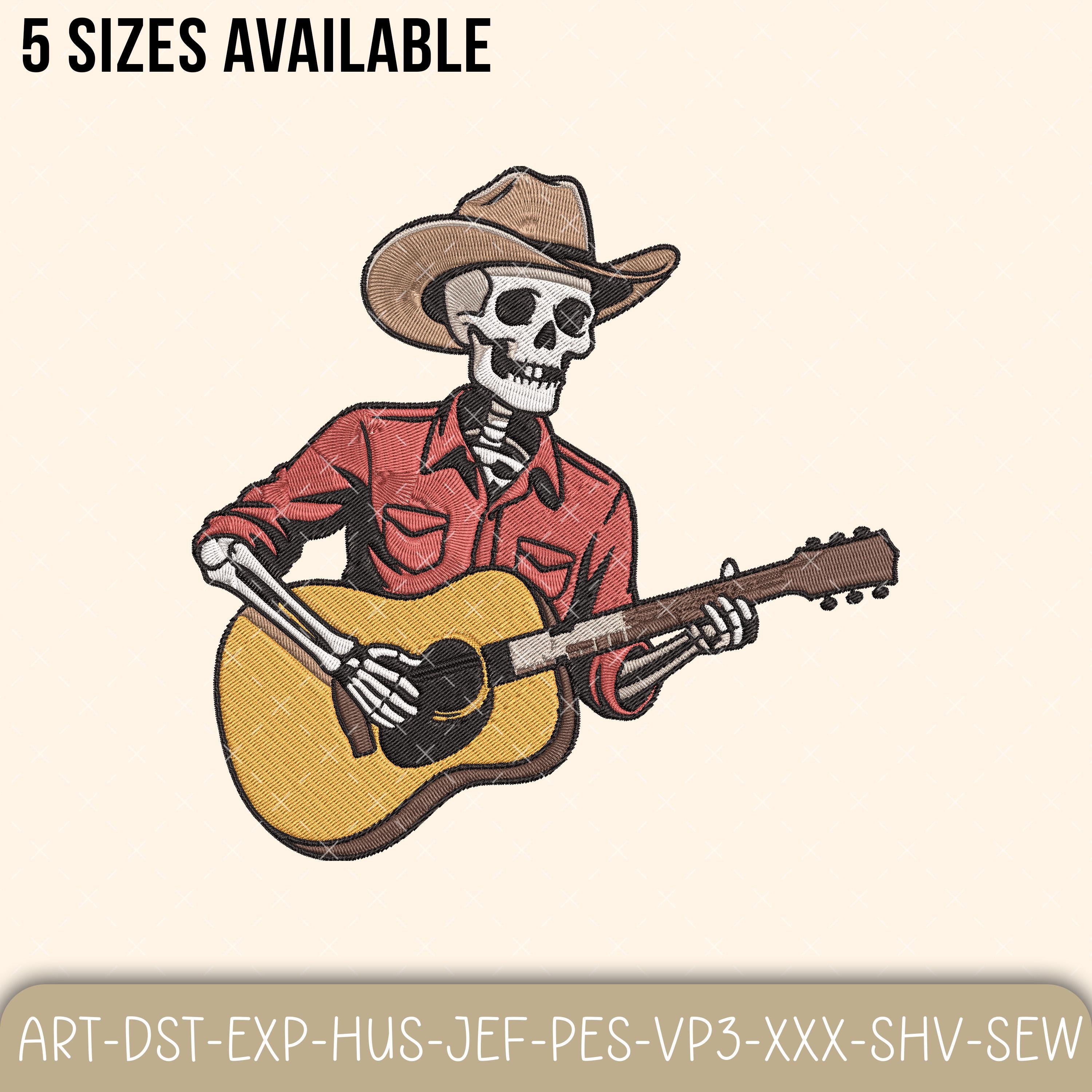 Cowboy Skeleton Playing Guitar Embroidery Design, Country Music Machine ...