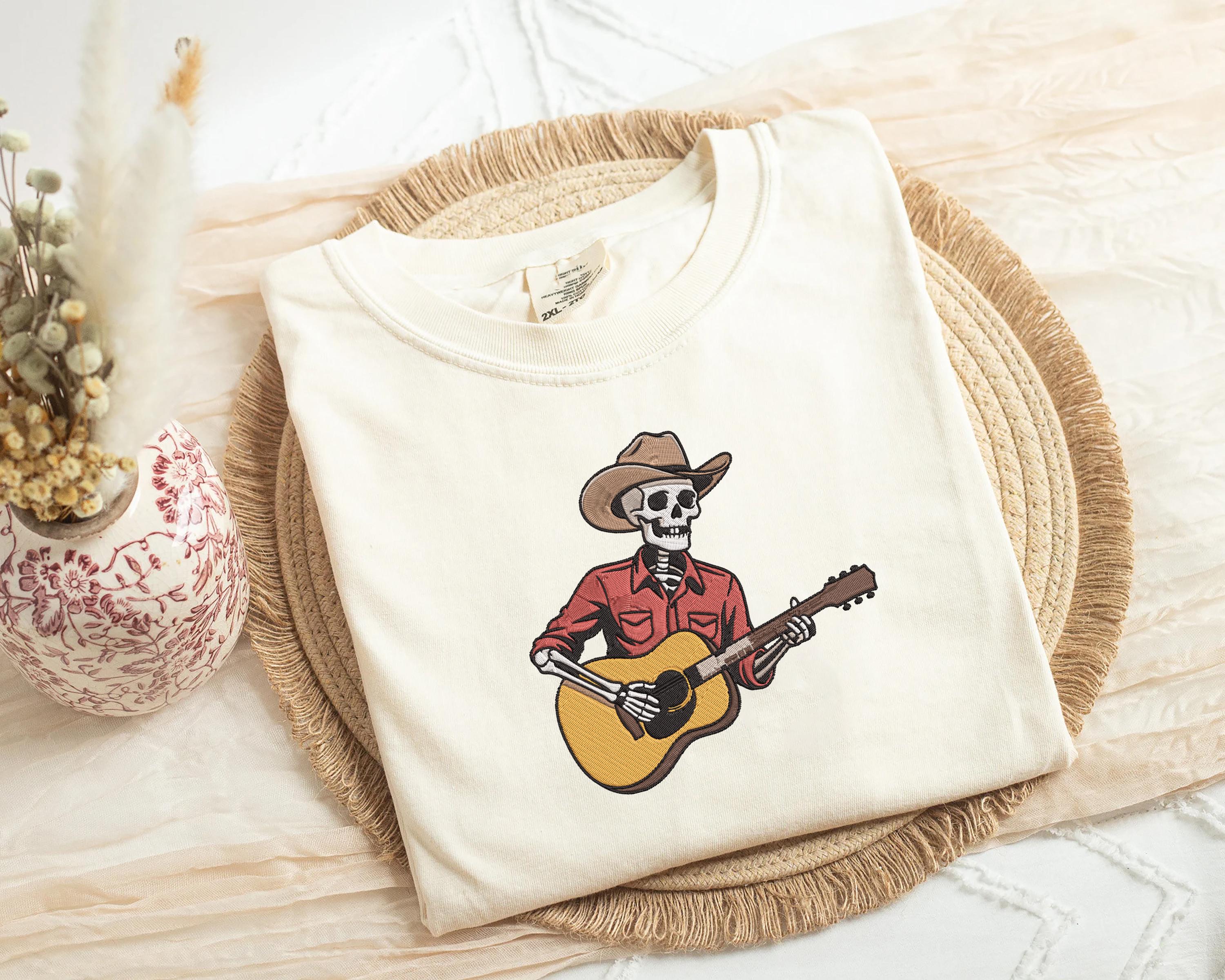 Cowboy Skeleton Playing Guitar Embroidery Design, Country Music Machine ...