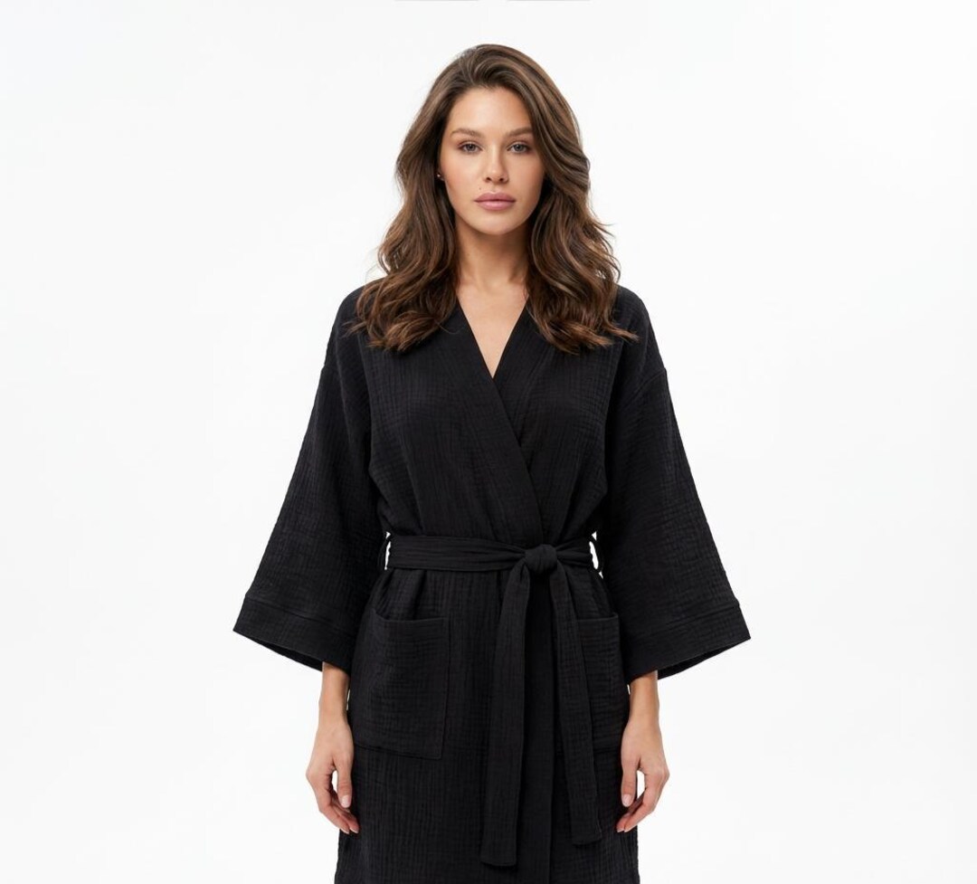 Black Muslin Kimono Robe, Long Natural Cotton Bathrobe With Belt ...
