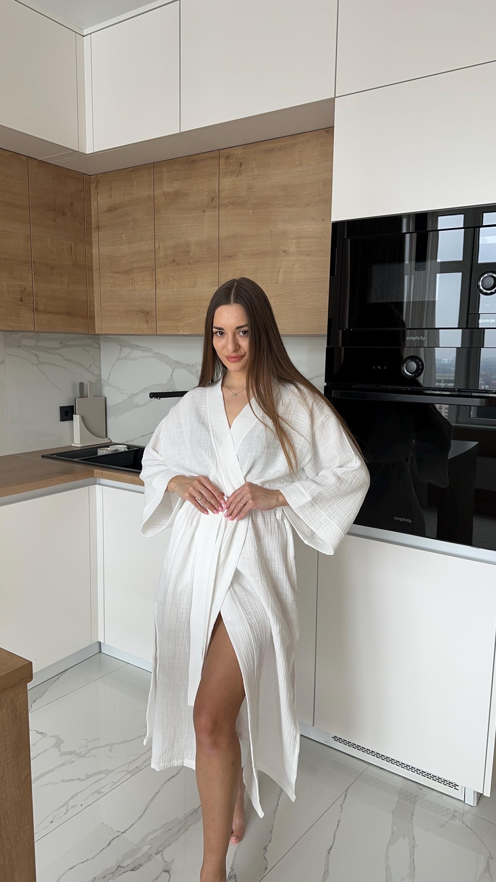 Luxury Cotton Muslin Kimono Robe, Luxury Gift Robe, Textured White Long ...
