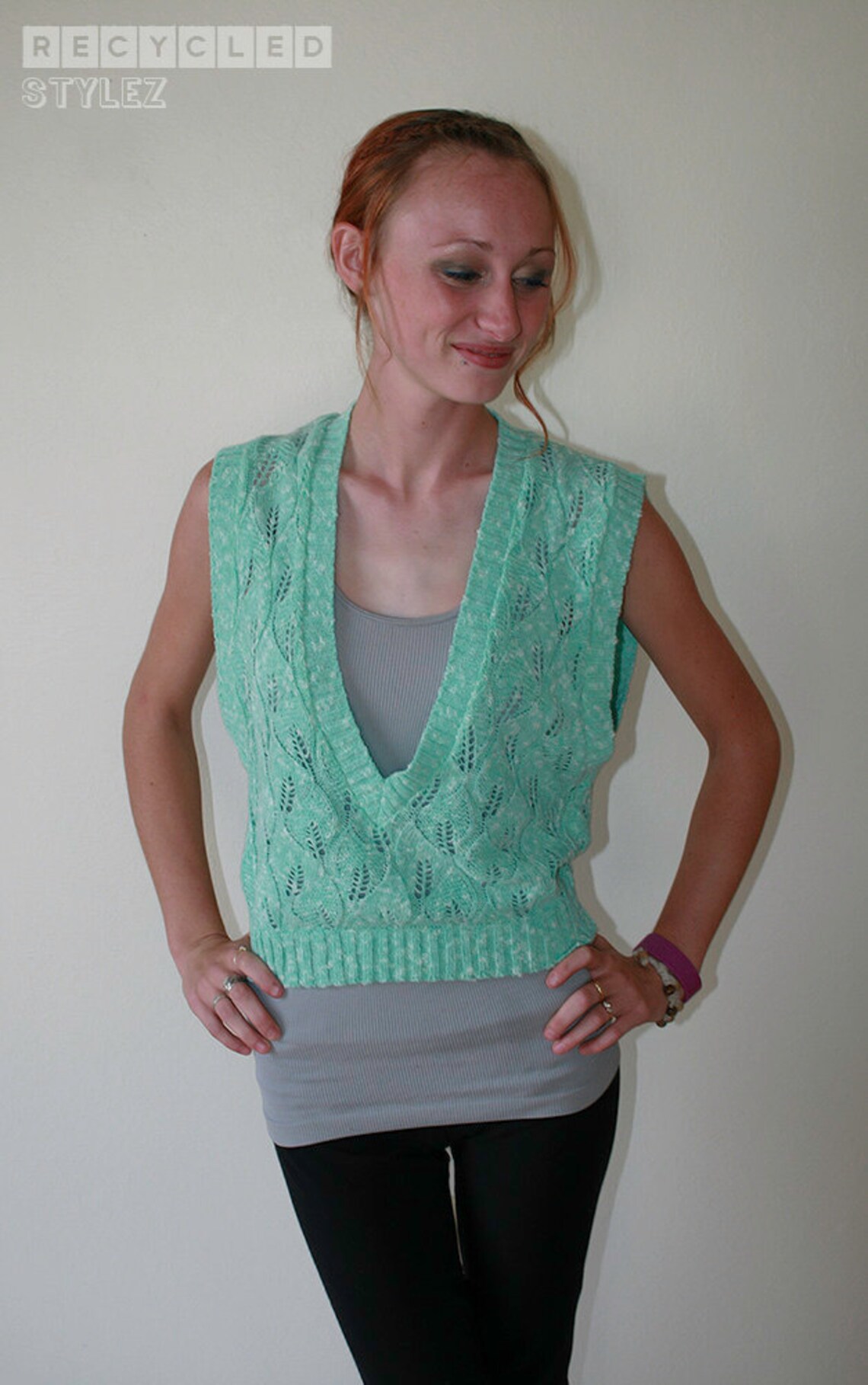 Vintage 80s Peppermint Mint Green LEAF Design KNIT Deep Vee V-neck ...
