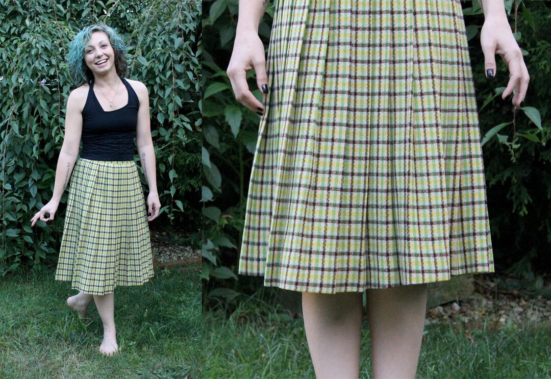 Vintage 60s 70s OOAK Geek Chic MOD Collegiate Green Apple Mustard Plaid ...
