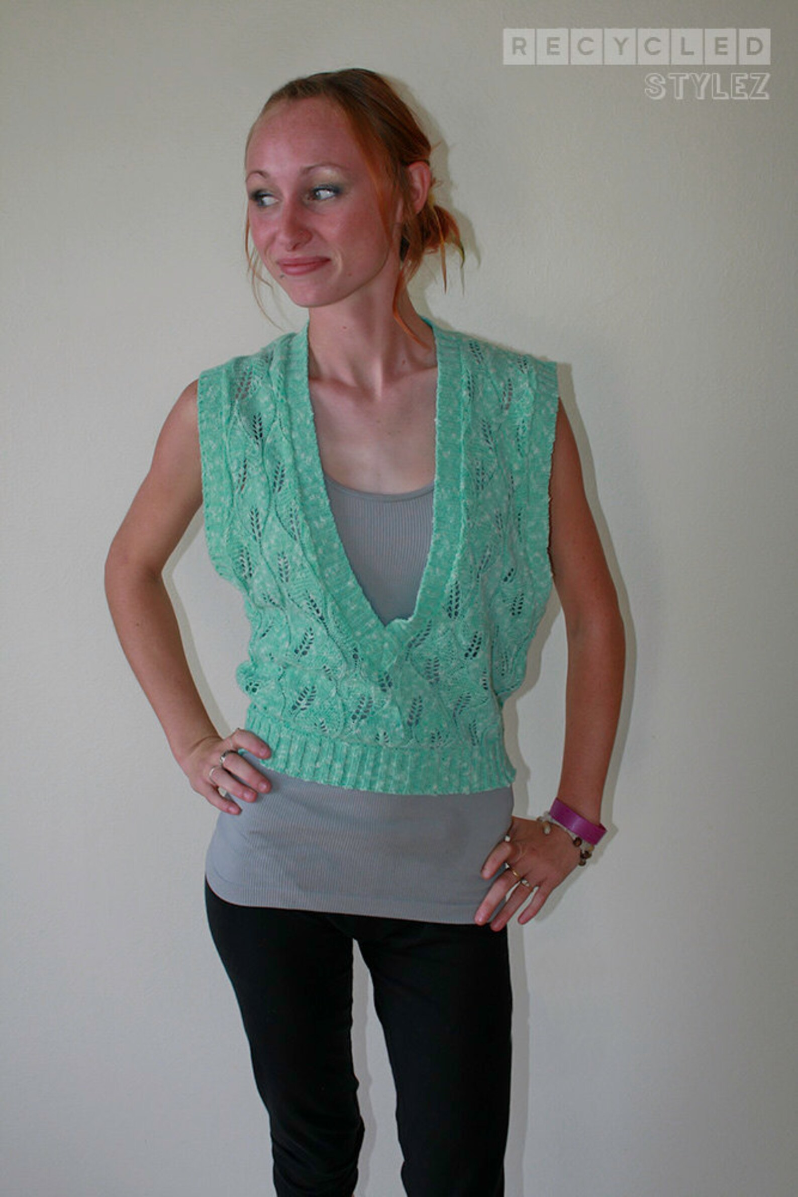 Vintage 80s Peppermint Mint Green LEAF Design KNIT Deep Vee V-neck ...