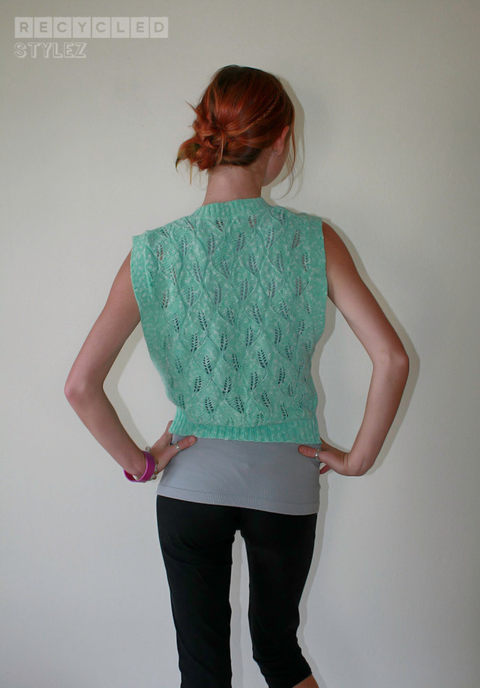 Vintage 80s Peppermint Mint Green LEAF Design KNIT Deep Vee V-neck ...