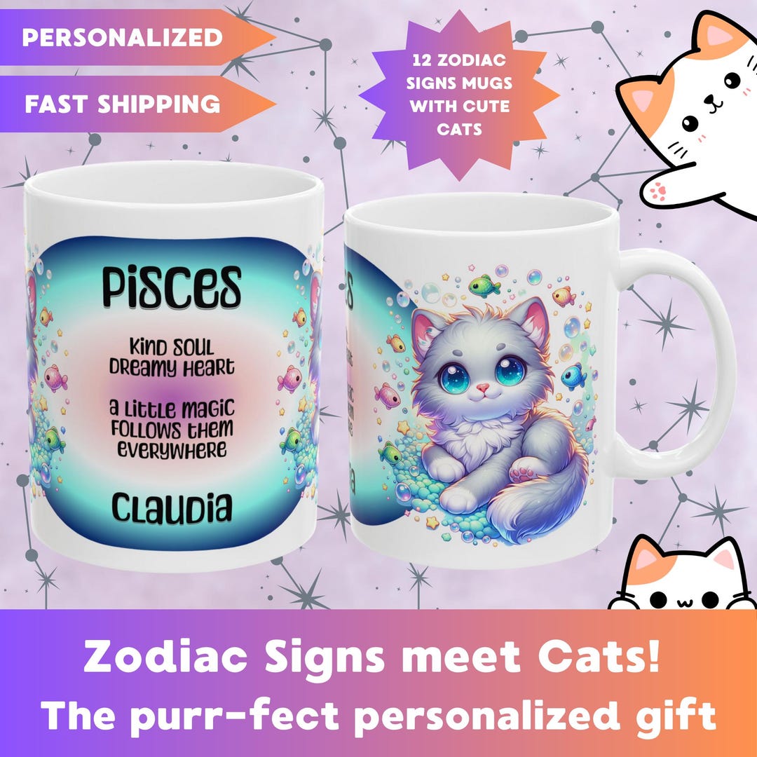 Pisces Zodiac Mug With Cute Cat – Personalized Astrology Gift for Kids ...