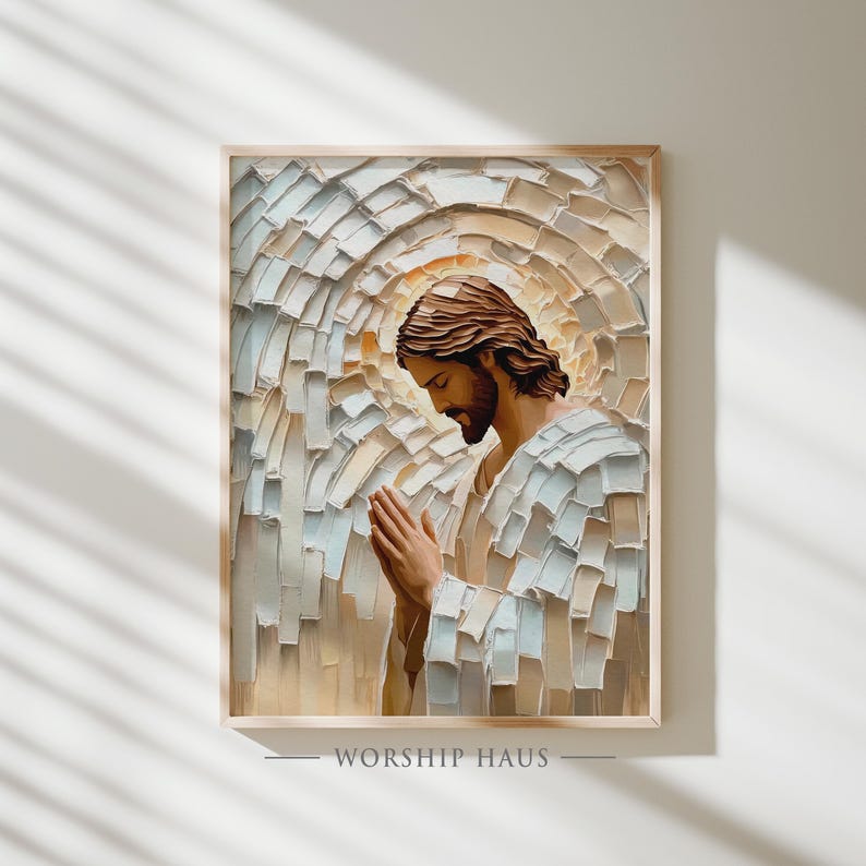 Jesus Praying Art Print - Textured Impasto Mosaic Style - Serene Rustic ...