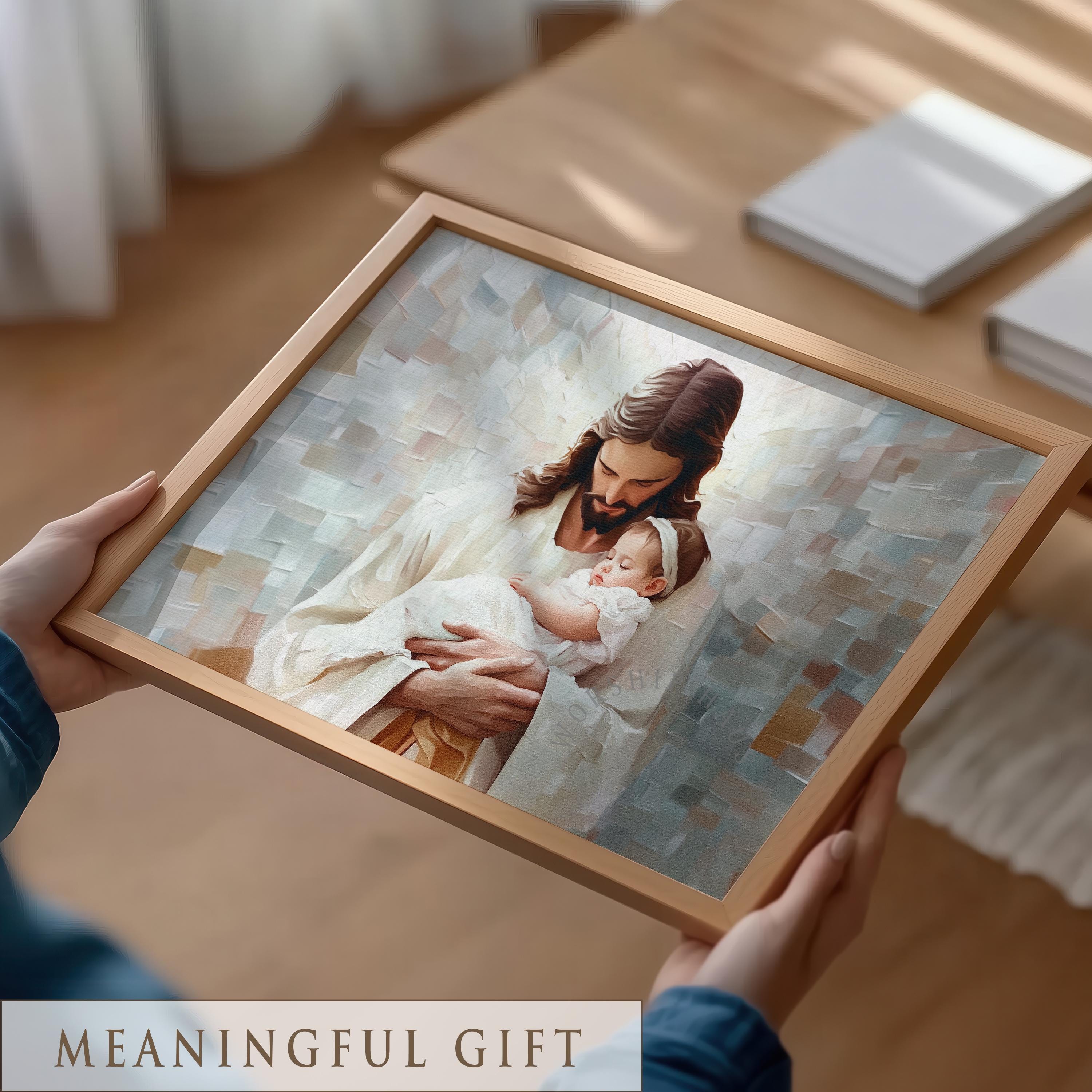 Jesus Holding a Sleeping Baby Modern Christian Art Gentle Savior ...