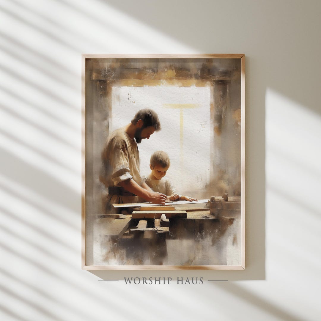 Jesus and Joseph at Workbench Painting - Vintage Christian Wall Art ...