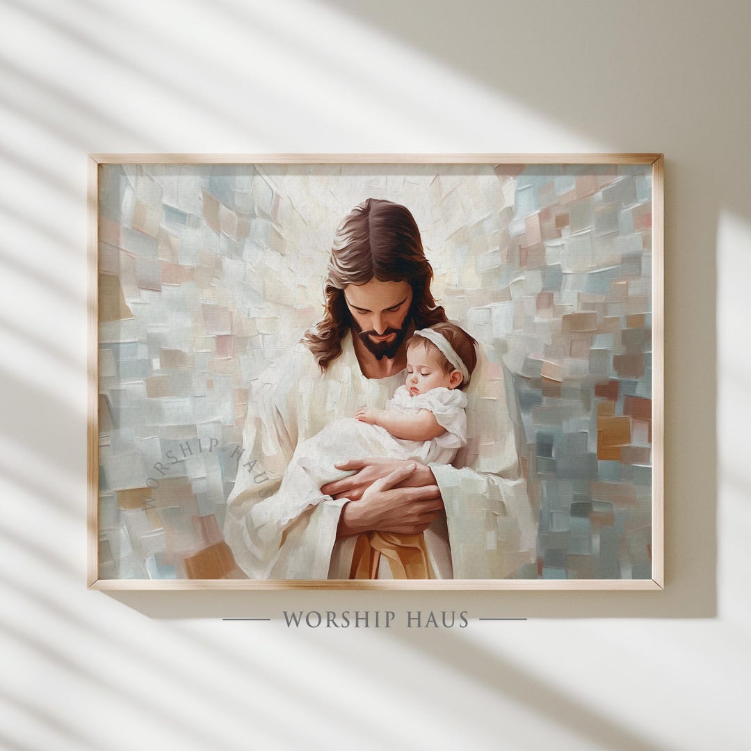 Jesus Holding a Sleeping Baby Modern Christian Art Gentle Savior ...