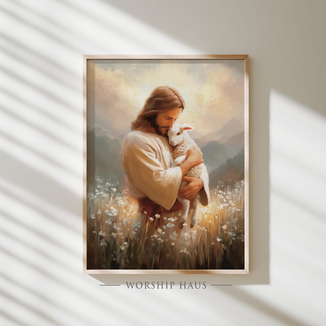 Jesus Holding Baby Sheep Christian Wall Art Gentle Savior Scene in ...
