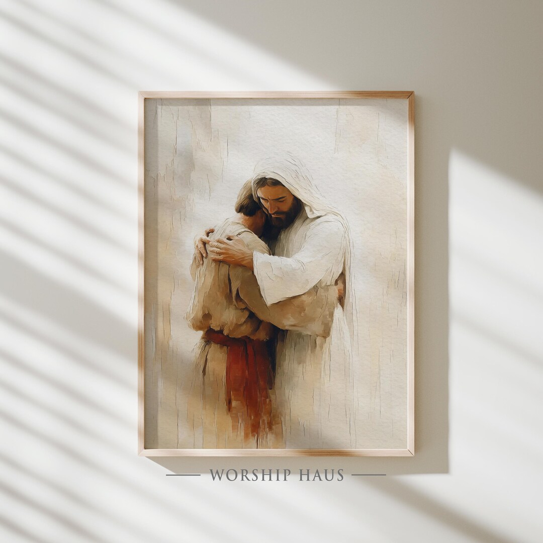 Jesus Hugging Man Christian Art Printable Painting Sacred Bond of Love ...