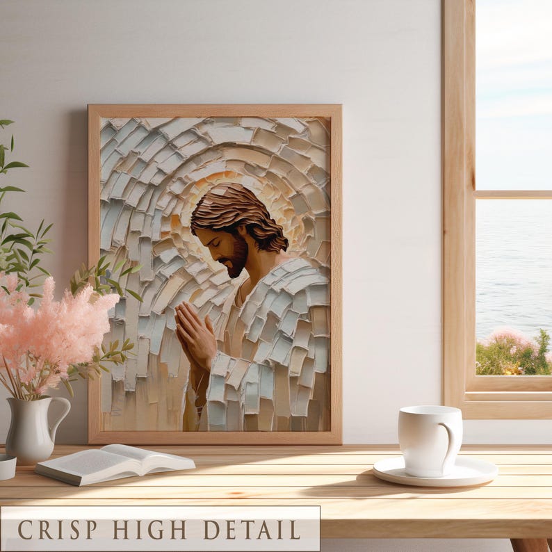 Jesus Praying Art Print - Textured Impasto Mosaic Style - Serene Rustic ...