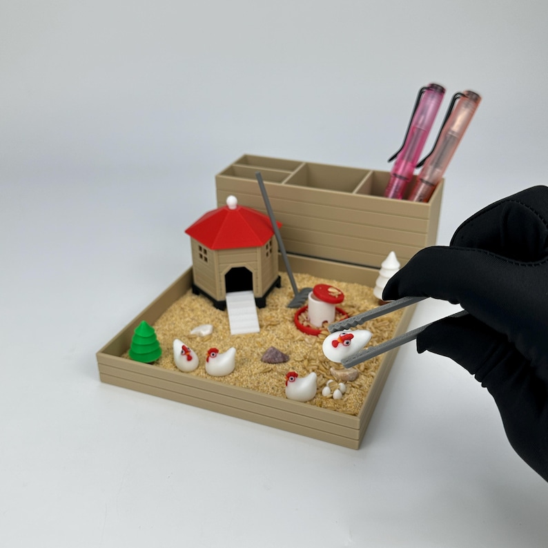 Chicken Zen Garden Desk Set | Mini Farm Sandbox W/ Hens, Feed Bucket ...