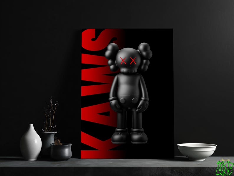 Set of 3 Black & Red KAWS Digital Wall Art Posters, Hypebeast Decor ...
