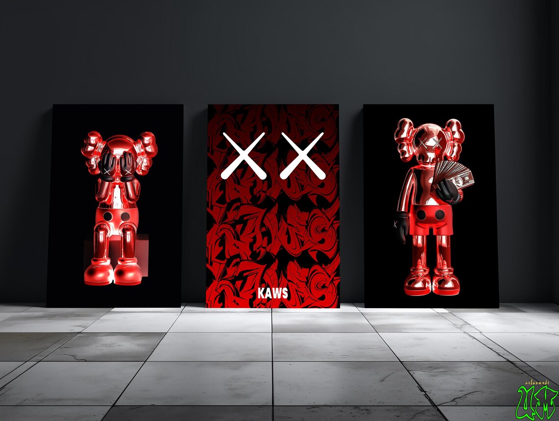 Set of 3 Red KAWS Wall Art Posters, Hypebeast Graffiti Decor Kaws ...
