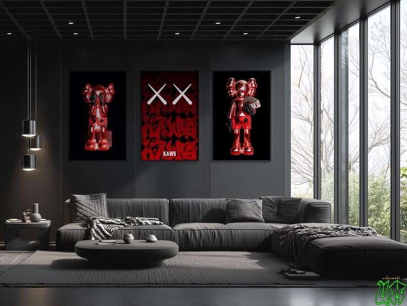 Set of 3 Red KAWS Graffiti Digital Wall Art Posters, Hypebeast Decor ...