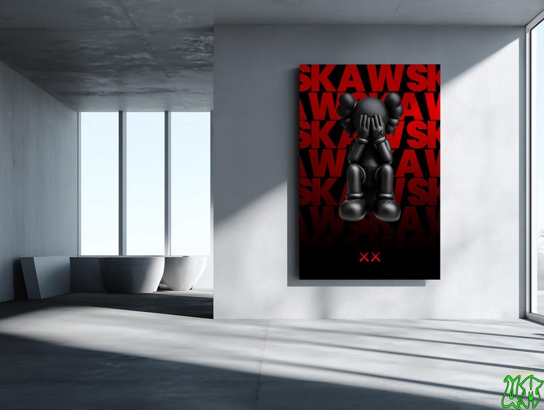 Set of 3 Black & Red KAWS Digital Wall Art Posters, Hypebeast Decor ...