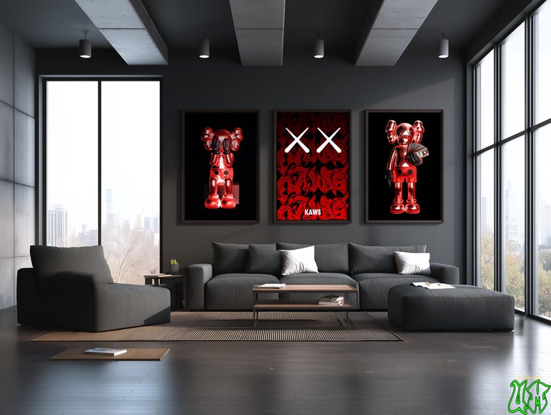 Set of 3 Red KAWS Wall Art Posters, Hypebeast Graffiti Decor Kaws ...