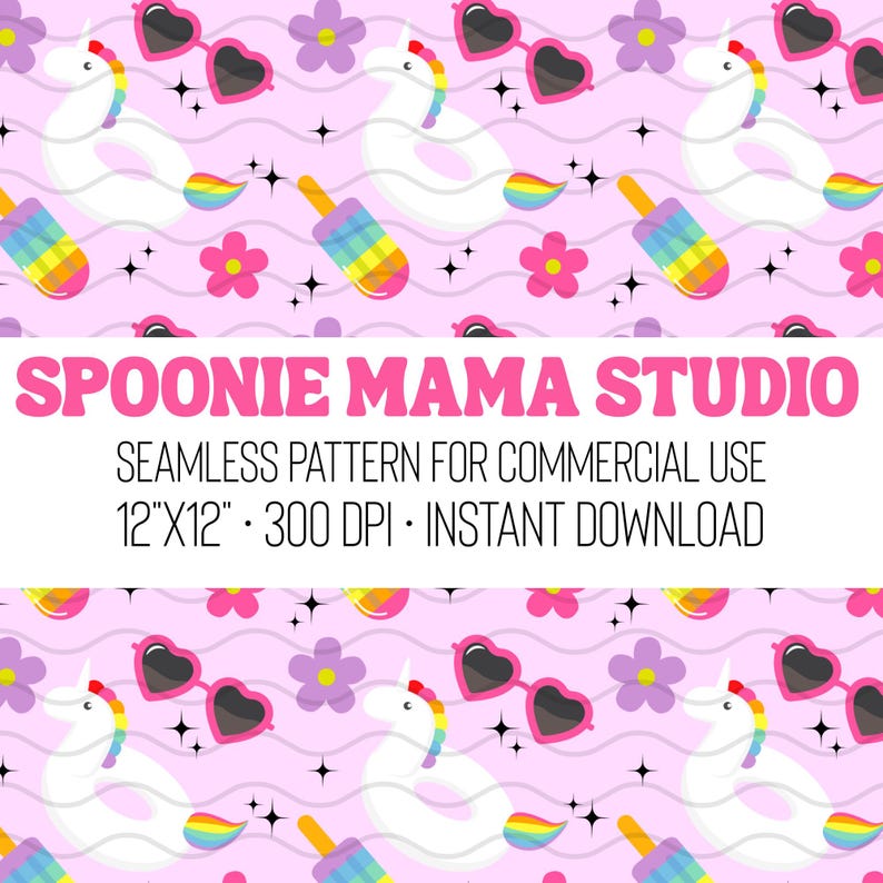 Pool Party Seamless Pattern PNG | 12x12 & Tile | Unicorn Float, Rainbow ...