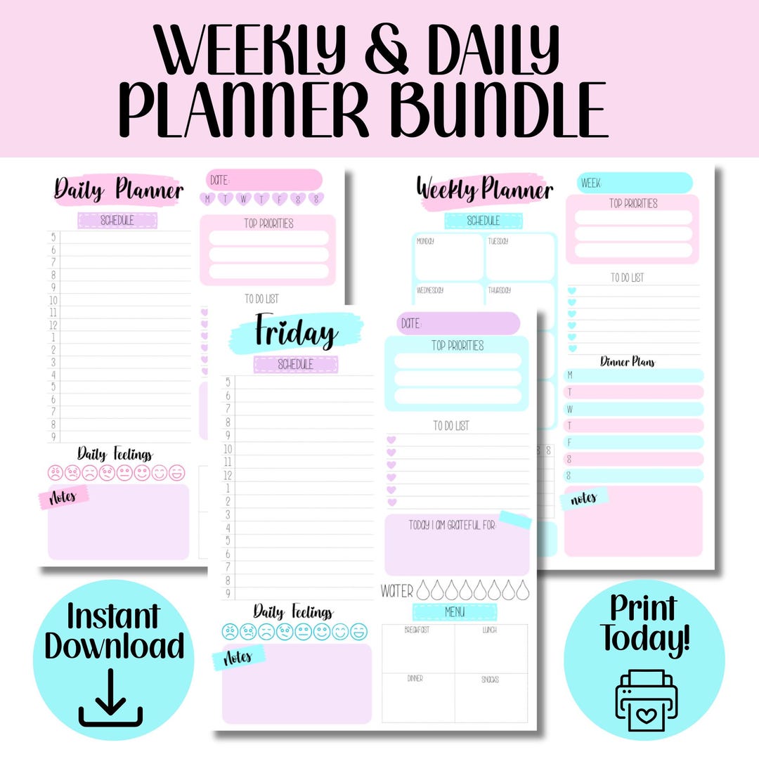 Printable Weekly & Daily Planner Bundle- Pastel PDF- Undated Weekly ...