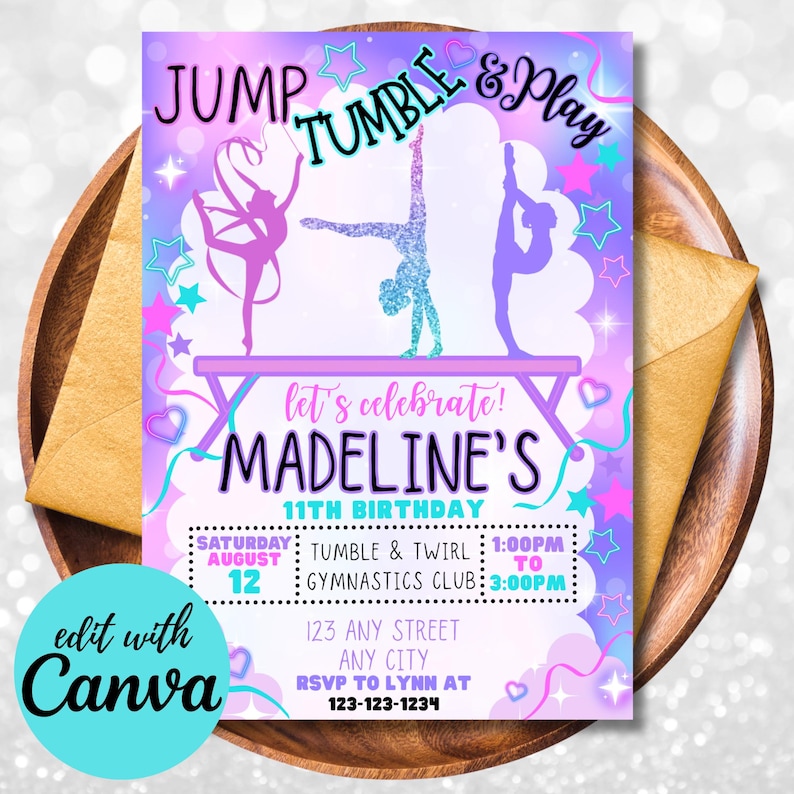Editable Gymnastics Birthday Invitation Girl – Pink Purple Gymnastics ...