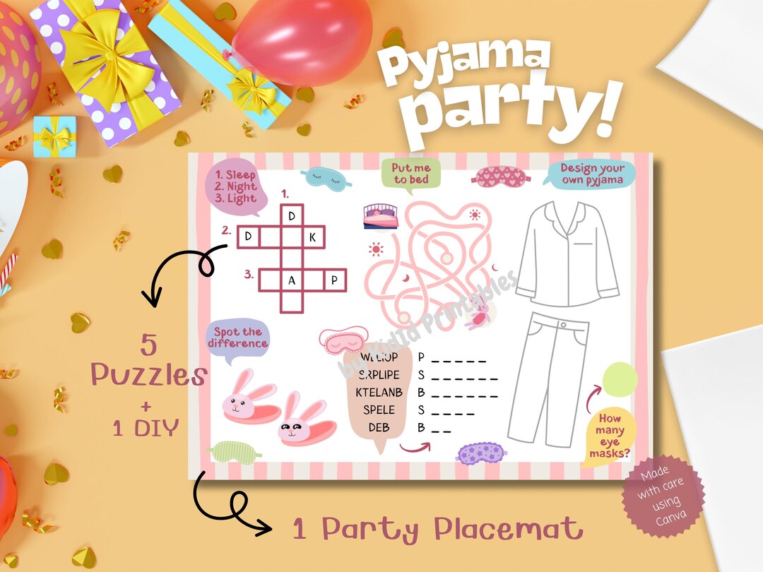 Party Placemat Puzzle Playdate Printable Pajama Party Edition - Etsy