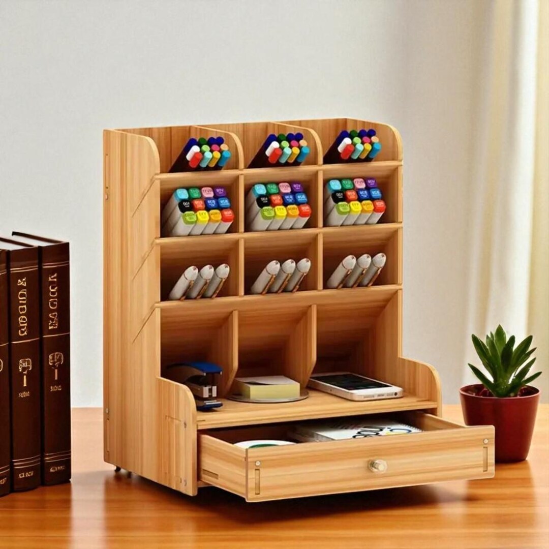 Wooden Desk Organizer With Drawer | Large Capacity DIY Stationery ...