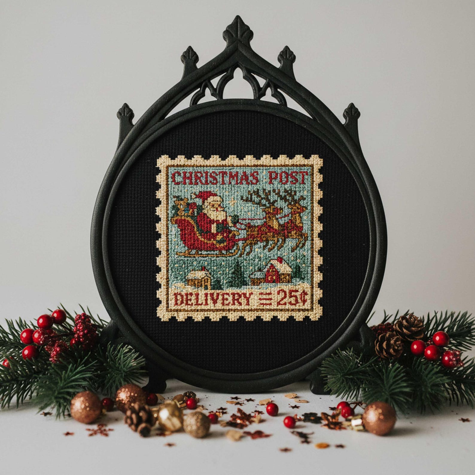 Santa Sleigh Christmas Stamp Cross Stitch Pattern – Retro Holiday ...