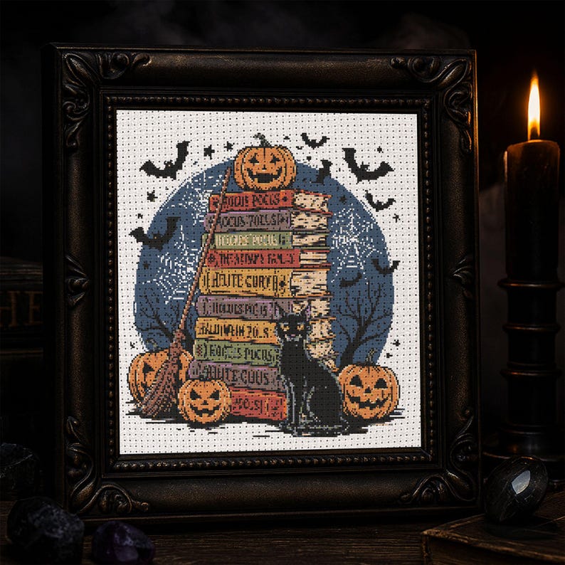 Black Cat Books Cross Stitch Pattern Halloween Spell Books Embroidery ...