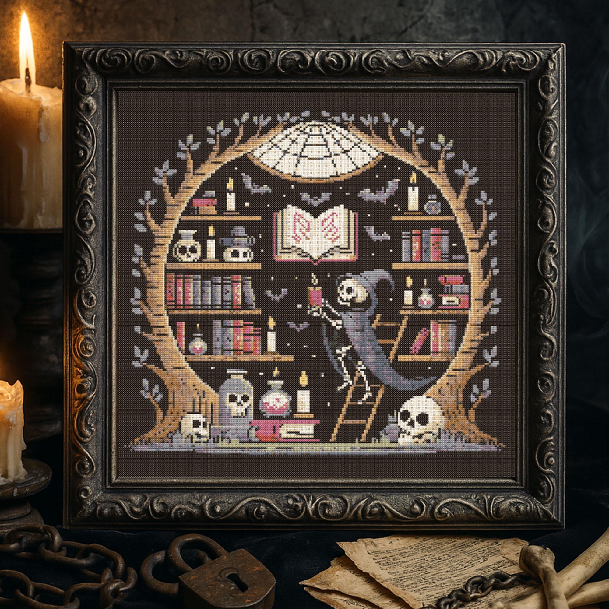 Gothic Skeleton Library Cross Stitch Pattern Spooky Librarian Books ...