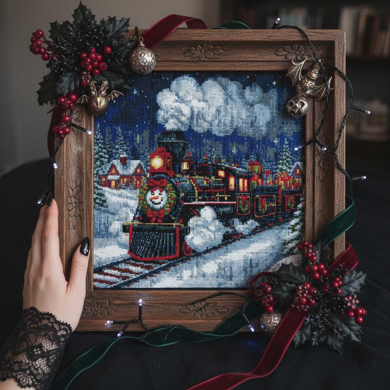 Christmas Train Cross Stitch Pattern: Vintage Steam Engine, Snowy Night ...