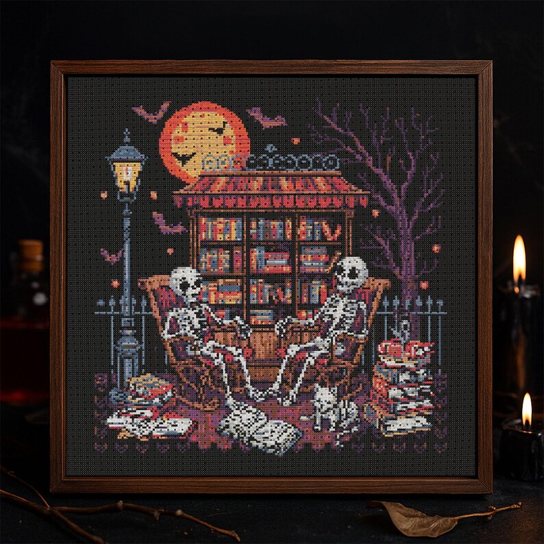 Gothic Skeleton Library Cross Stitch Pattern: Halloween Bookshop (PDF ...