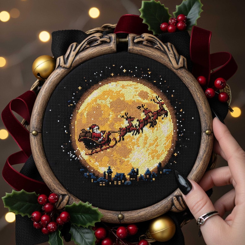 Santa and Reindeer Cross Stitch Pattern: Christmas Night Sky and Full ...