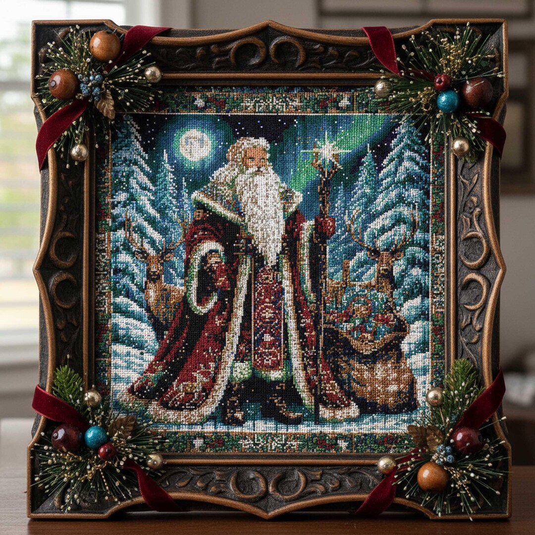 Father Christmas Cross Stitch Pattern: Reindeer and Gift Sleigh Winter ...