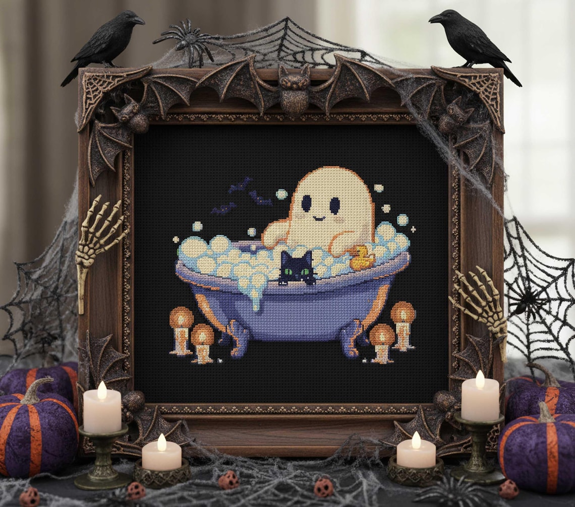 Ghost Bath Cross Stitch Pattern: Cute Halloween Embroidery With Cat ...