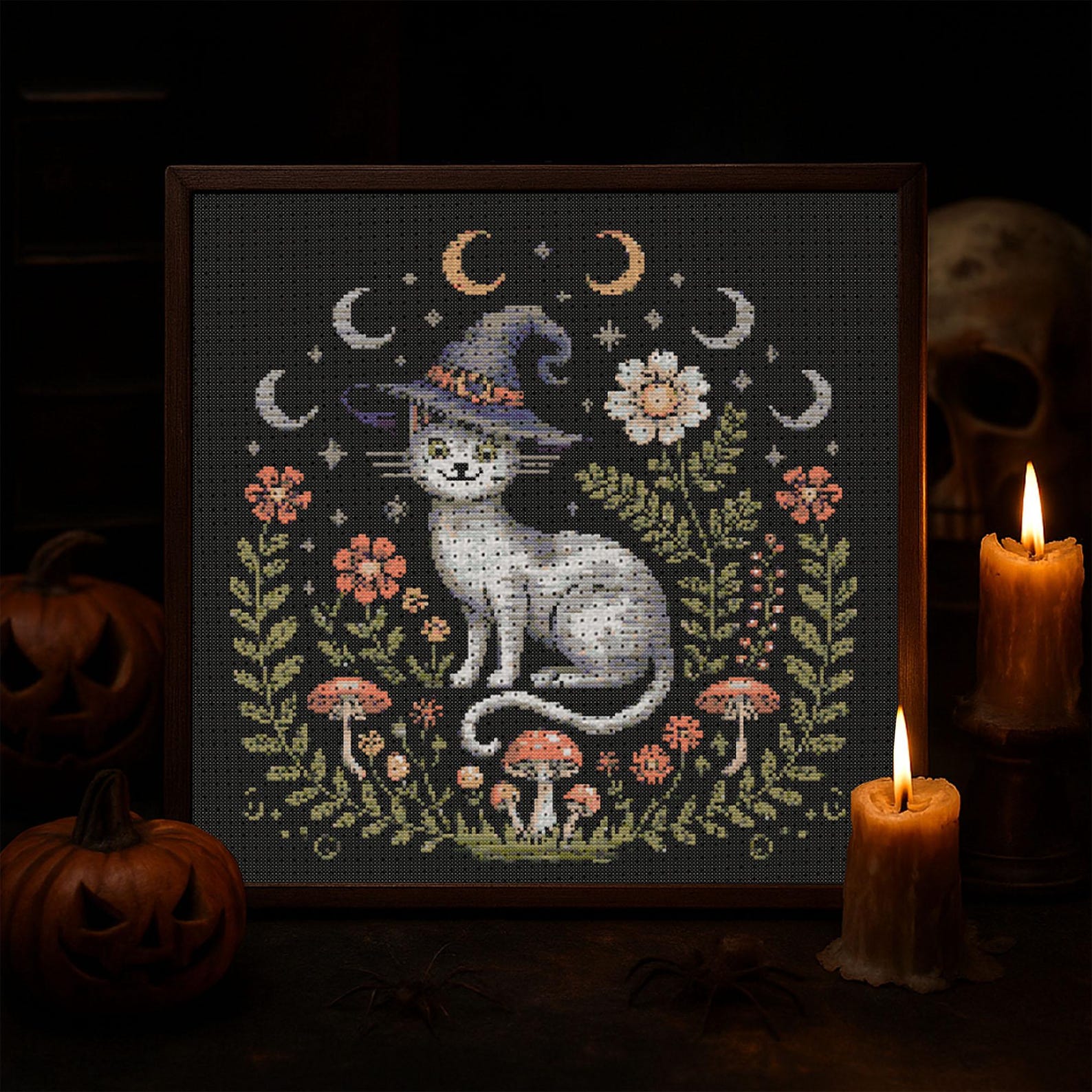 Witch Cat Cross Stitch Pattern Halloween Magic Cat Embroidery Crescent ...