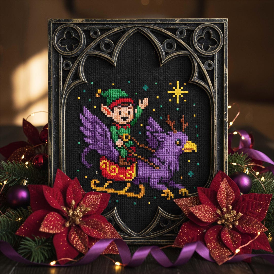 Christmas Elf Cross Stitch Pattern: Fantasy Griffin Sleigh Magical ...