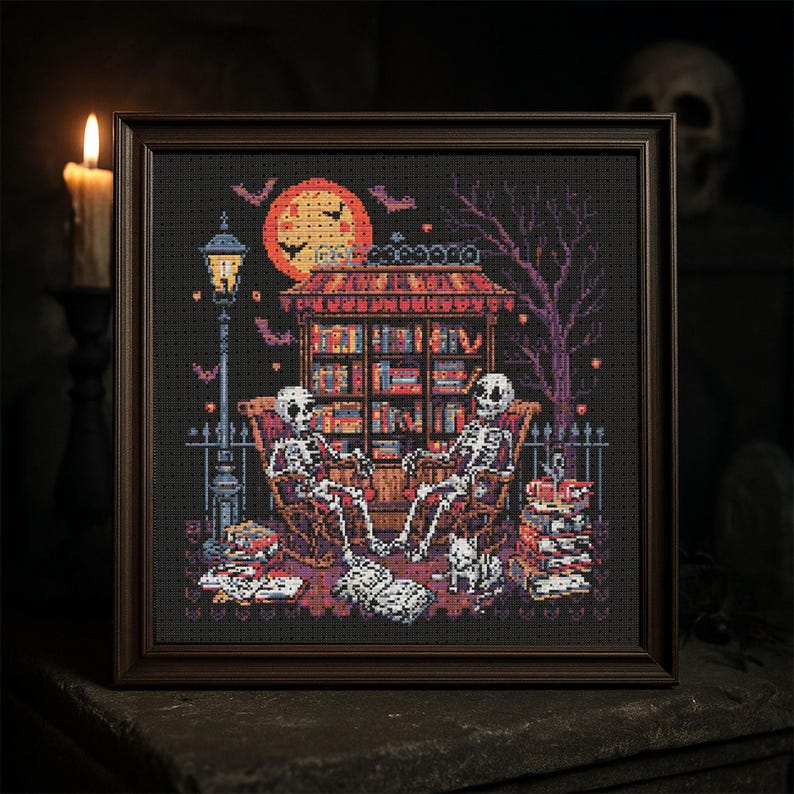 Gothic Skeleton Library Cross Stitch Pattern: Halloween Bookshop (PDF ...