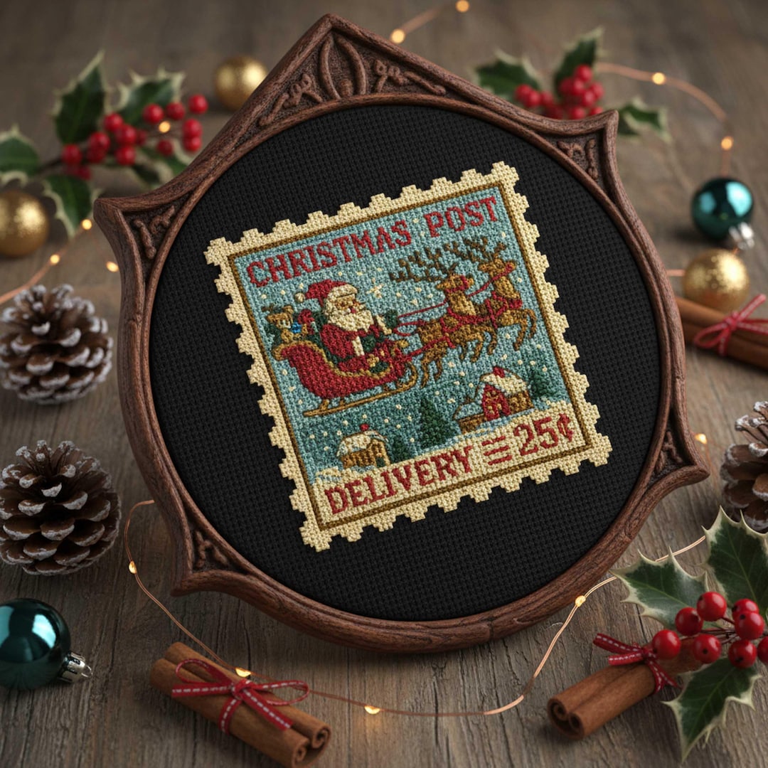 Santa Sleigh Christmas Stamp Cross Stitch Pattern – Retro Holiday ...