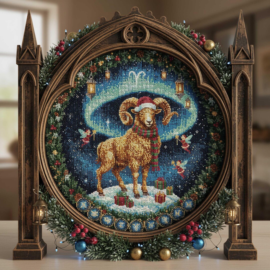 Aries Ram Cross Stitch Pattern: Holiday Wreath and Northern Lights ...