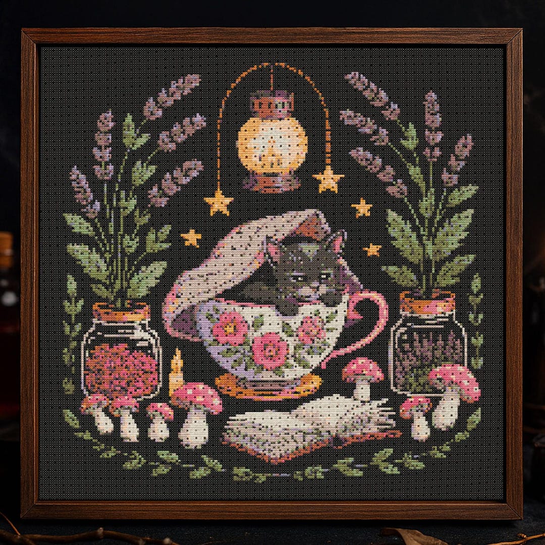 Fantasy Flower Cat Cross Stitch Pattern Halloween Fantasy Mushroom Cat ...