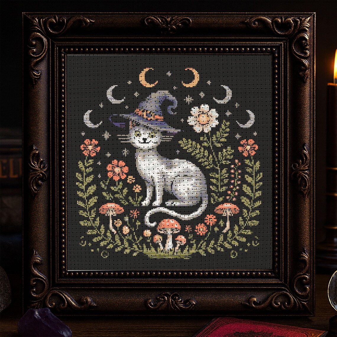 Witch Cat Cross Stitch Pattern Halloween Magic Cat Embroidery Crescent ...