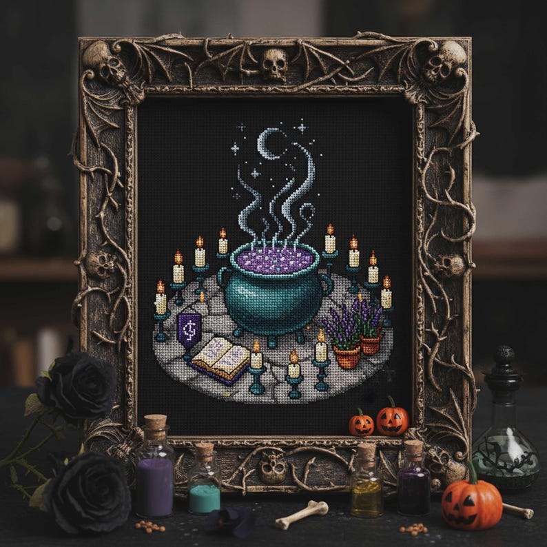 Moon Cauldron Cross Stitch Pattern: Witch Potion Embroidery (PDF) - Etsy