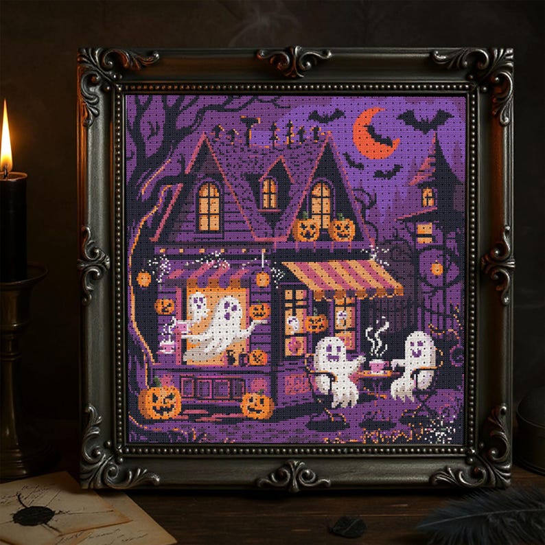 Haunted Café Cross Stitch Pattern Halloween Ghost Coffee Shop ...