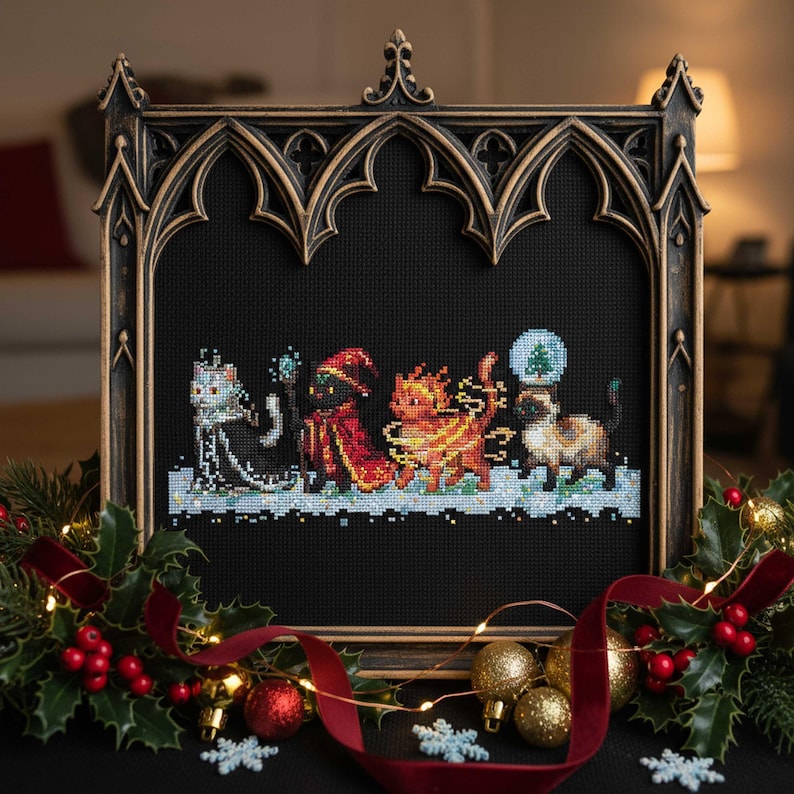Magic Cats Cross Stitch Pattern: Fantasy Wizard, Fire, and Snow Globe ...
