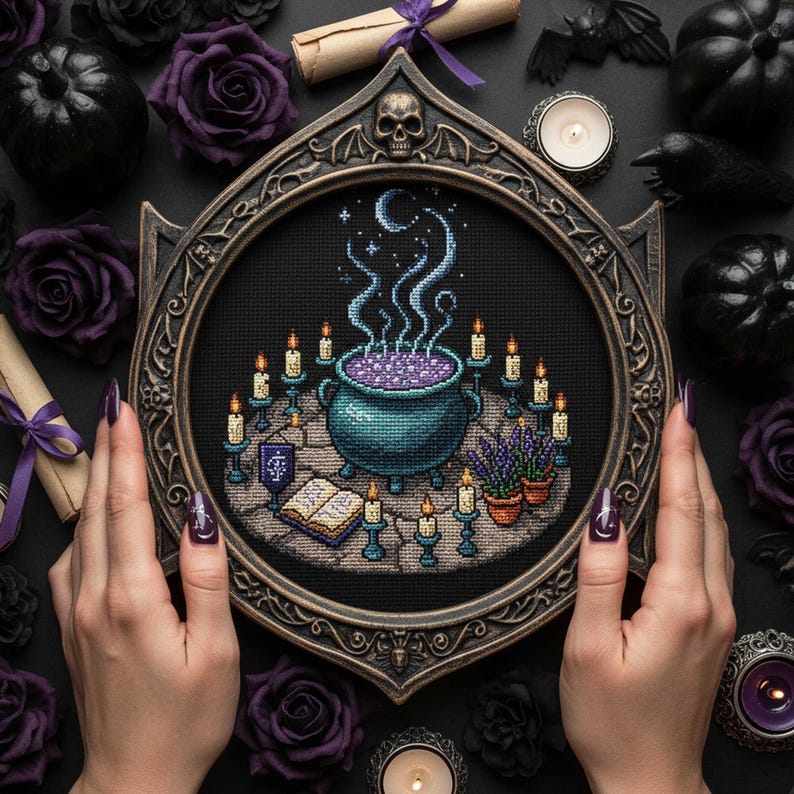 Moon Cauldron Cross Stitch Pattern: Witch Potion Embroidery (PDF) - Etsy